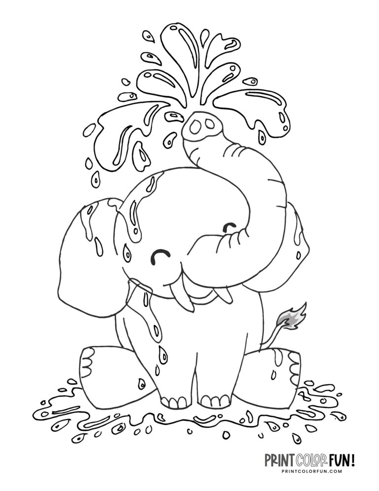 14 cute cartoon elephant coloring pages to print, at PrintColorFun.com