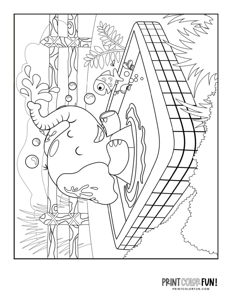 14 cute cartoon elephant coloring pages to print, at PrintColorFun.com