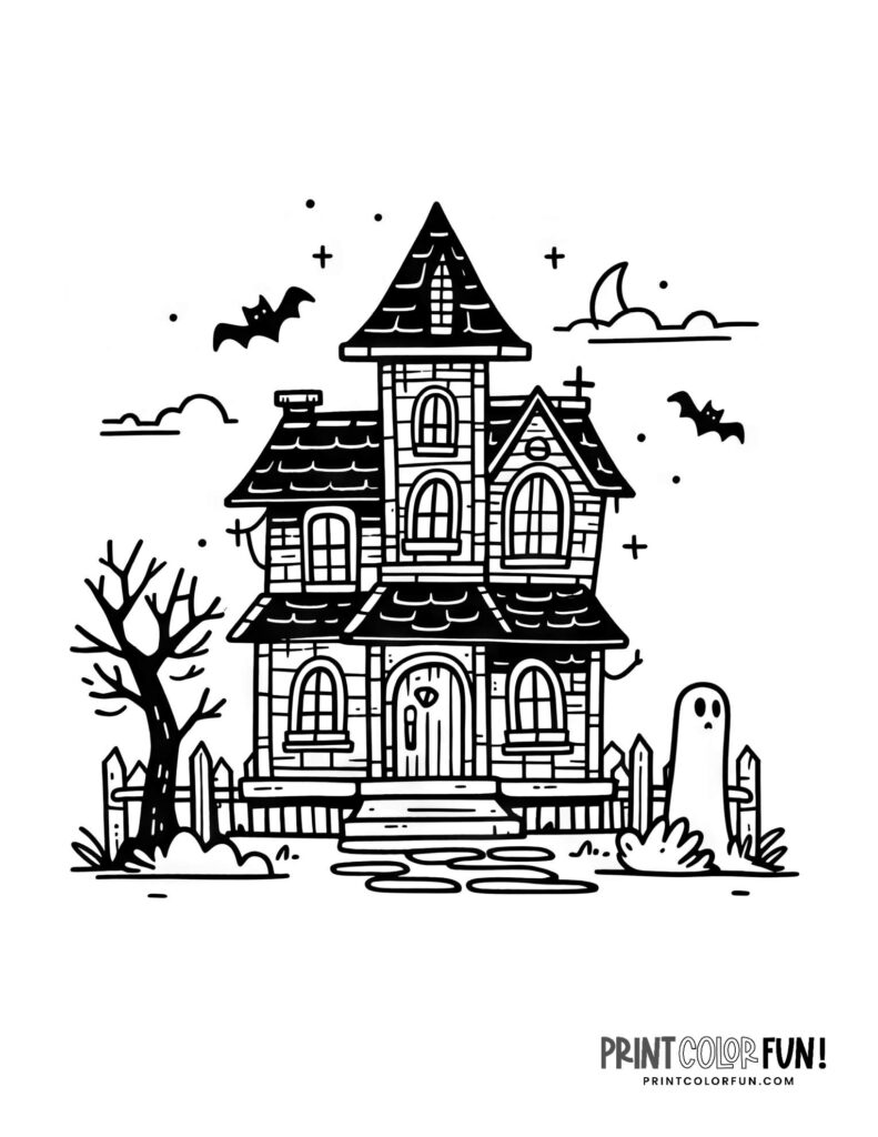 15 haunted house coloring pages + easy craft activities for Halloween ...