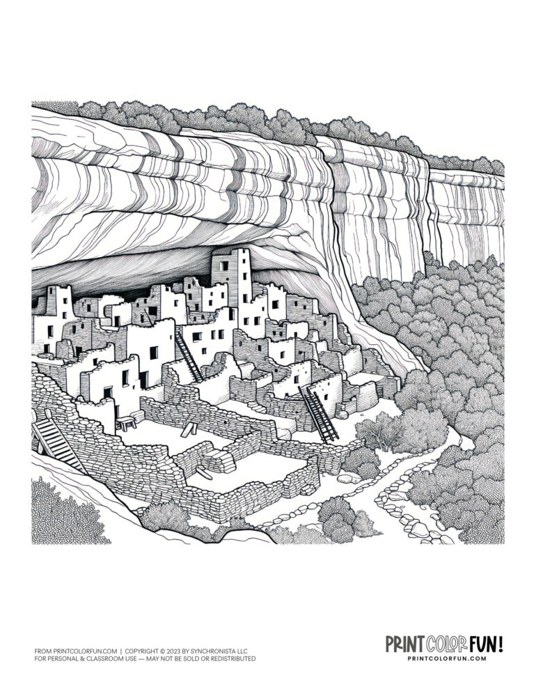 Color the historic Mesa Verde Cliff Palace & Native American pottery ...