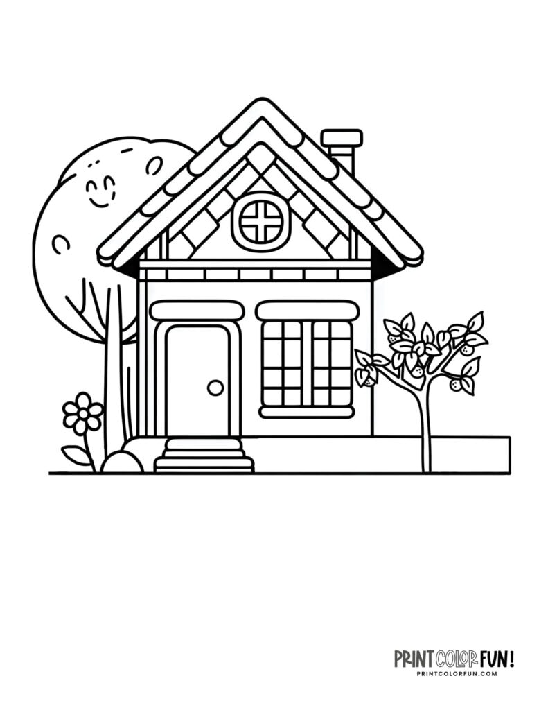 Simple house coloring pages & clipart for kids, at PrintColorFun.com