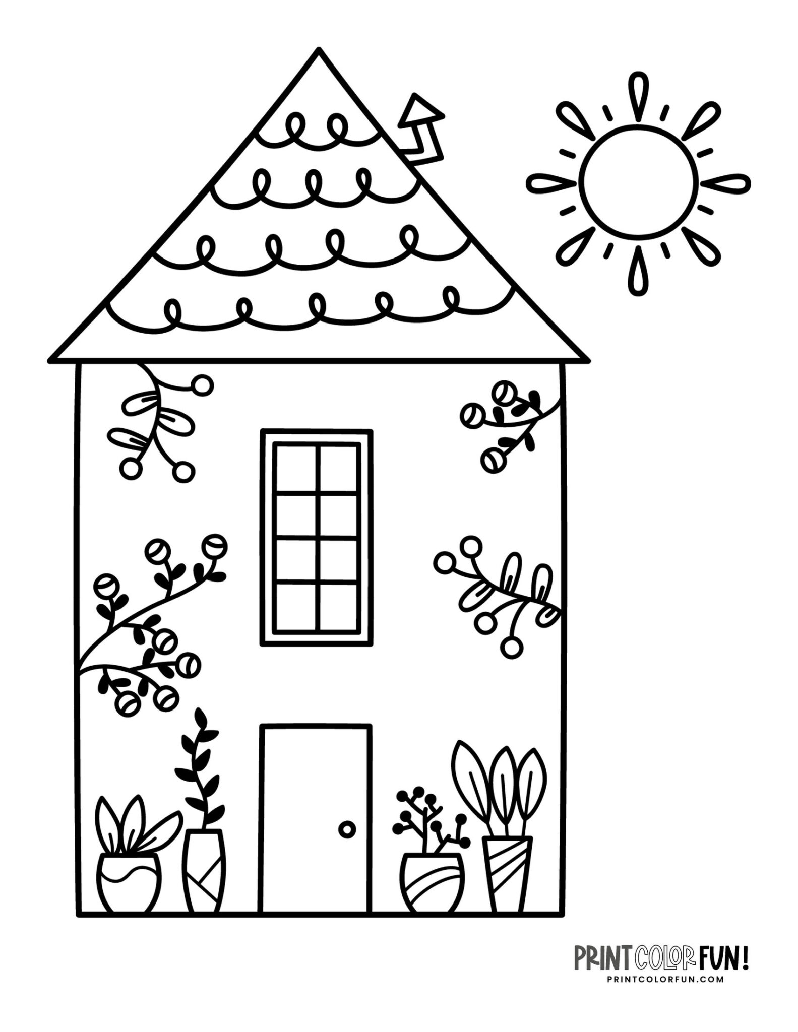 Simple house coloring pages & clipart for kids, at PrintColorFun.com