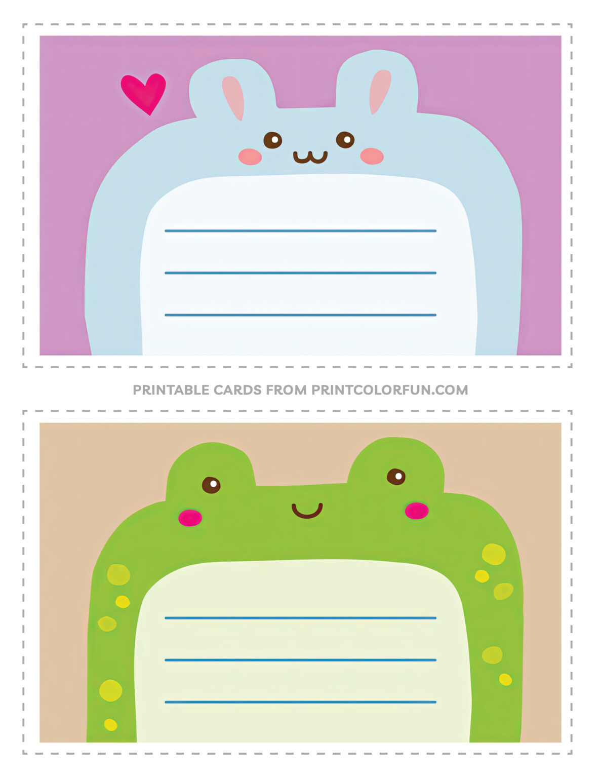 Cute printable animal notecards for kids, at PrintColorFun.com