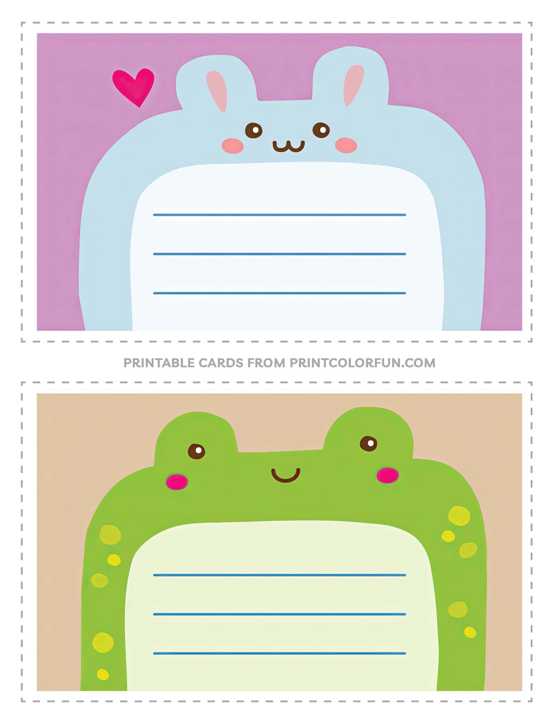 Cute printable animal notecards for kids, at PrintColorFun.com