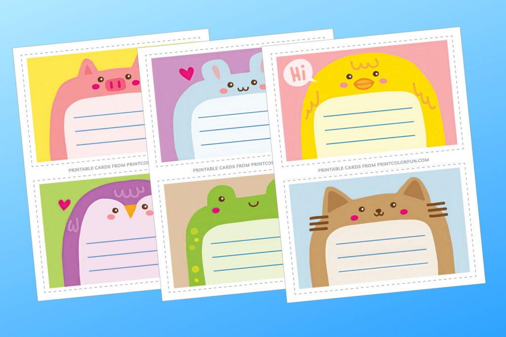 Cute printable animal notecards for kids, at PrintColorFun.com