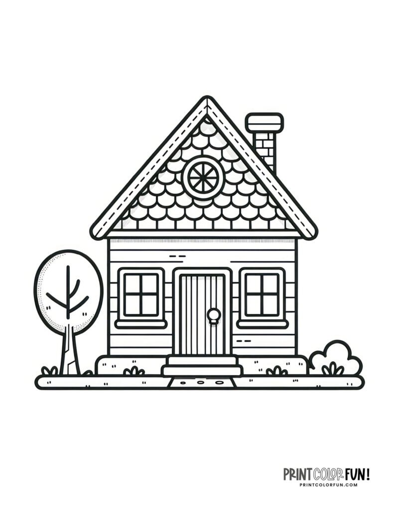Simple house coloring pages & clipart for kids, at PrintColorFun.com