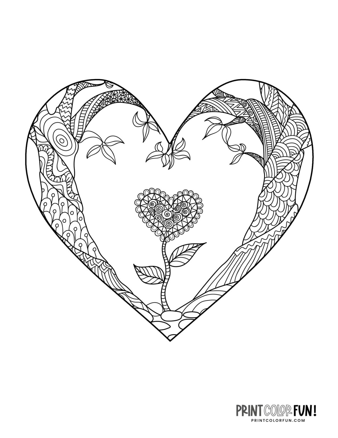 20 floral heart coloring pages, at PrintColorFun.com