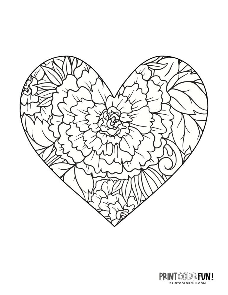 20 floral heart coloring pages, at PrintColorFun.com