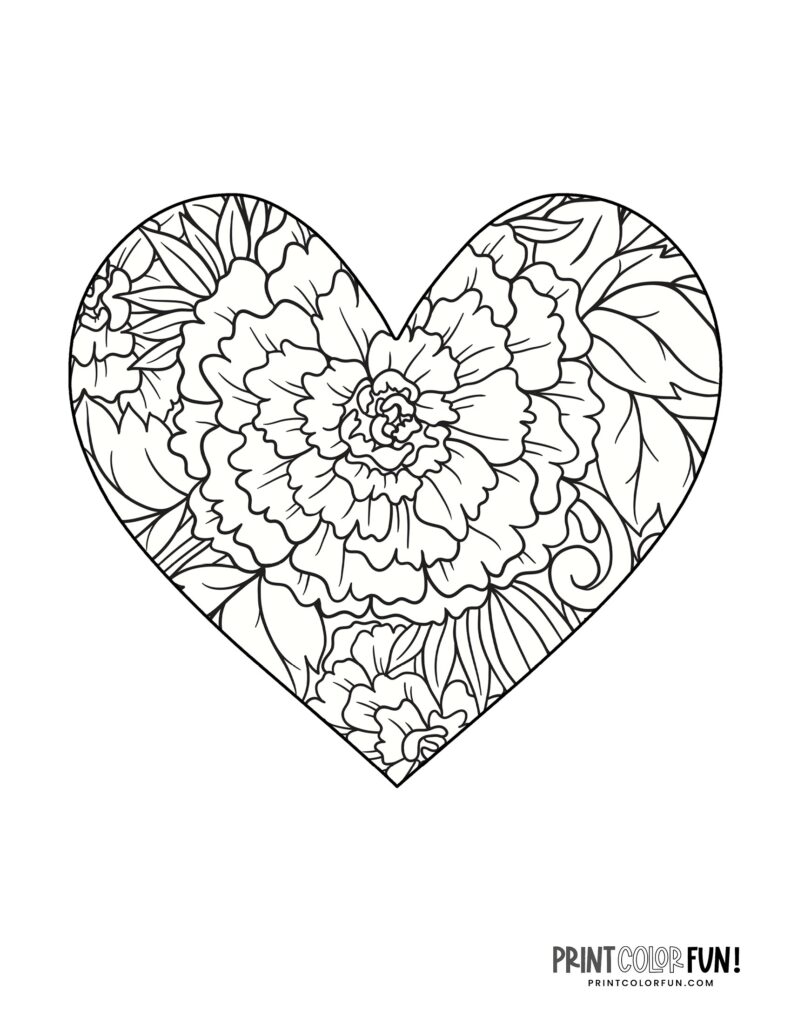 20 floral heart coloring pages, at PrintColorFun.com