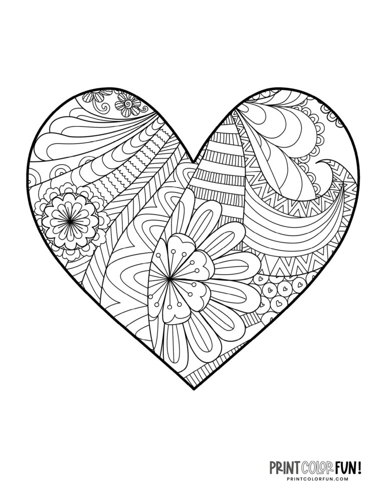 20 floral heart coloring pages, at PrintColorFun.com