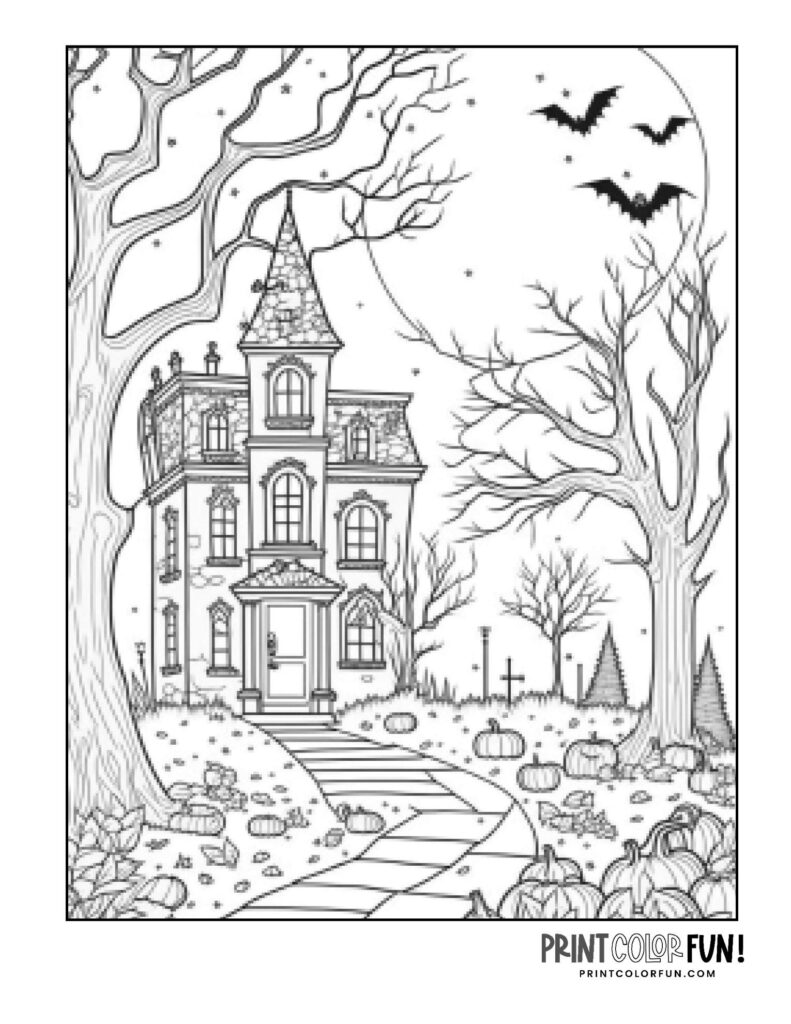 15 haunted house coloring pages + easy craft activities for Halloween ...