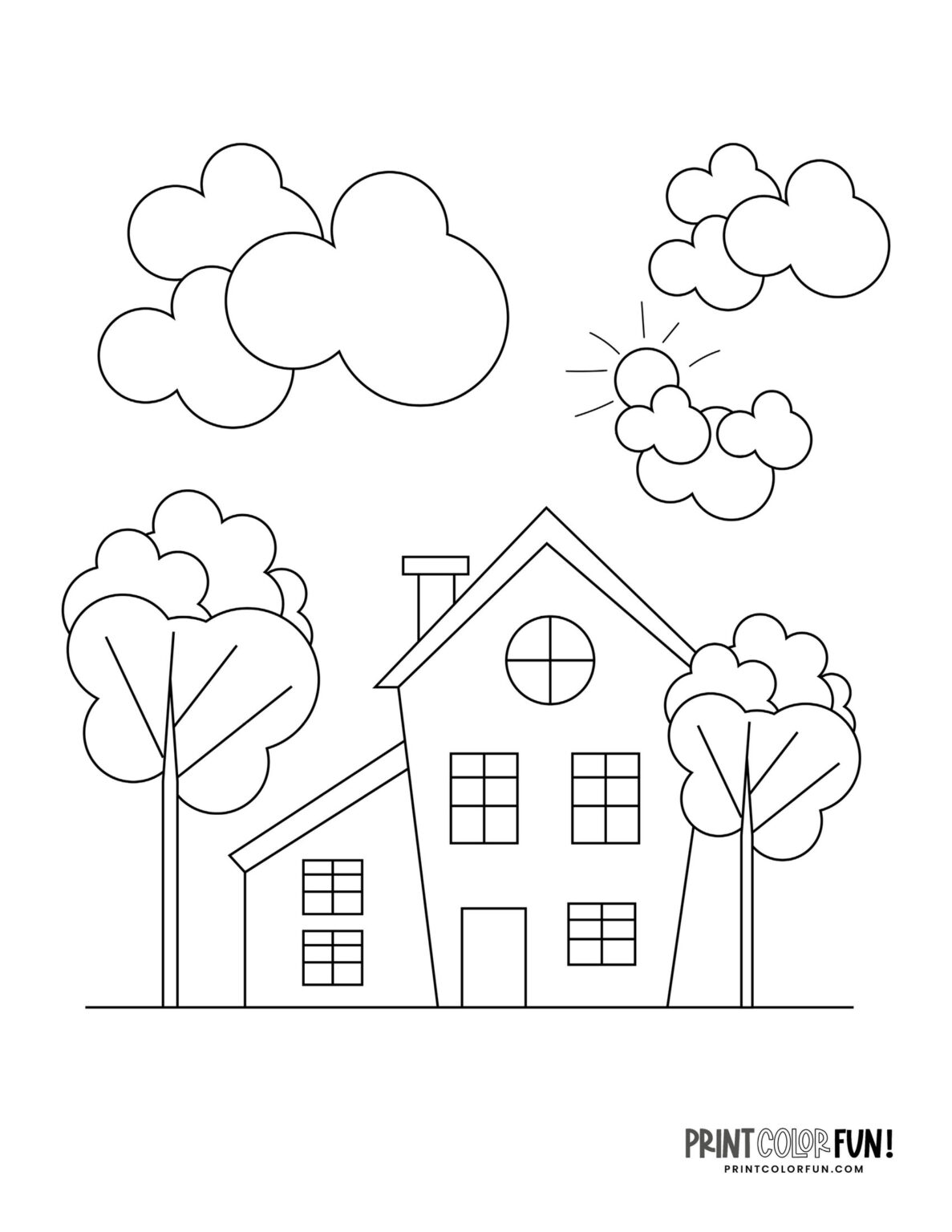 Simple house coloring pages & clipart for kids, at PrintColorFun.com