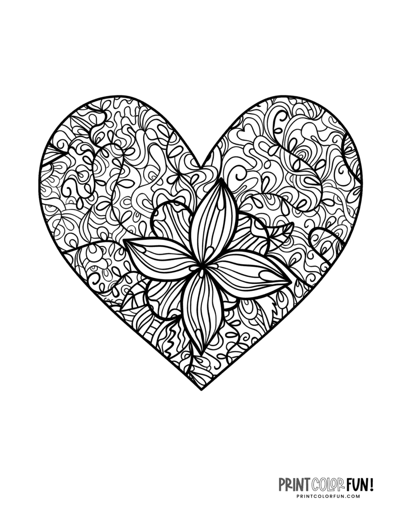 20 floral heart coloring pages, at PrintColorFun.com