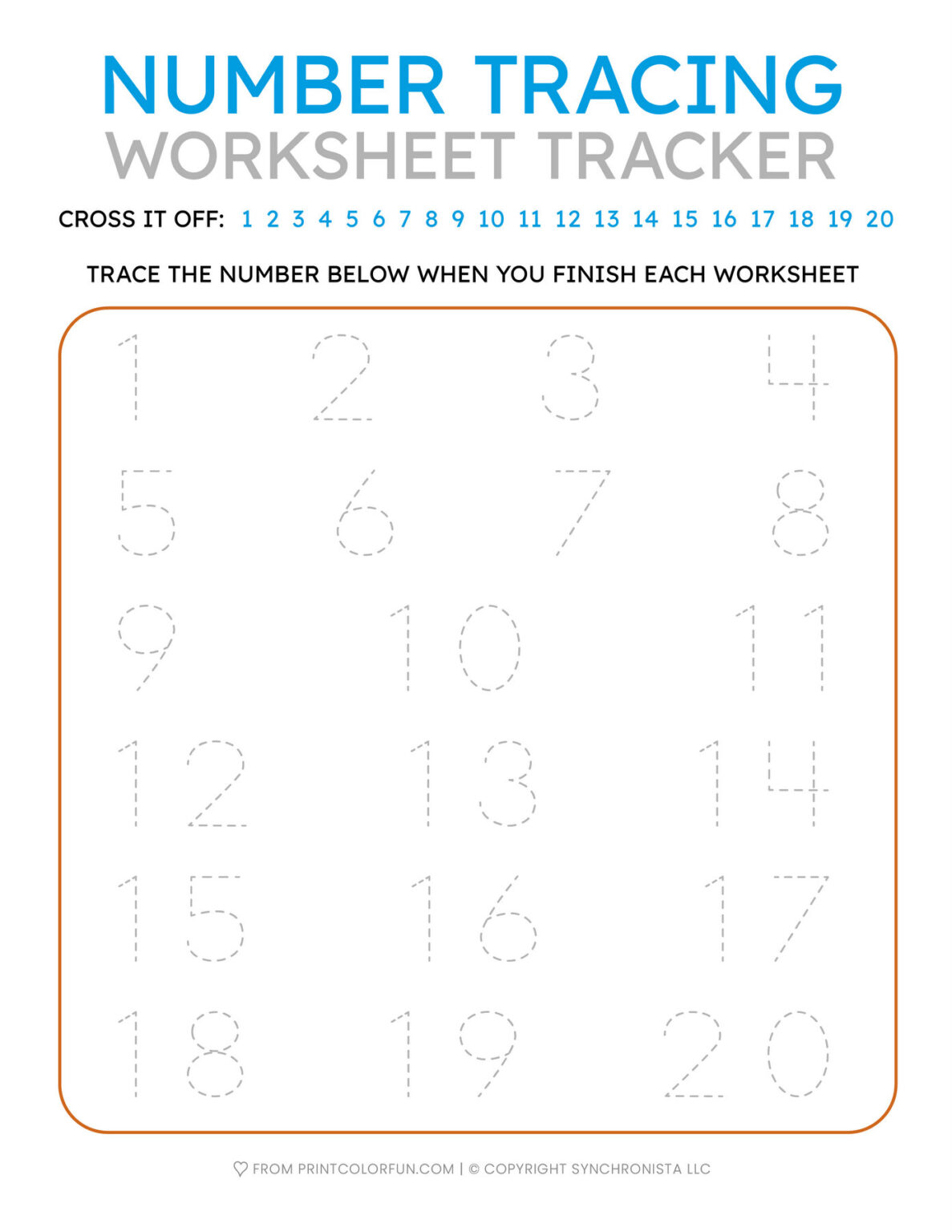 Tracing the number printable activity sheets from 1 to 20, at ...