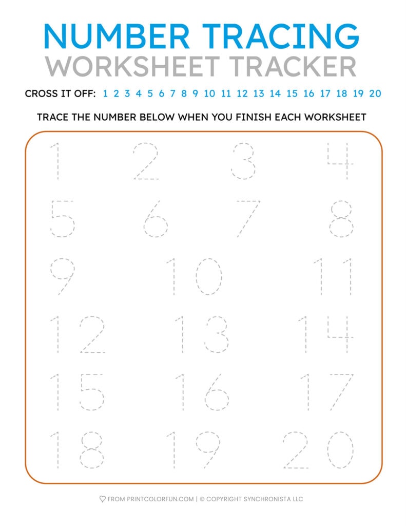 Tracing the number printable activity sheets from 1 to 20, at ...