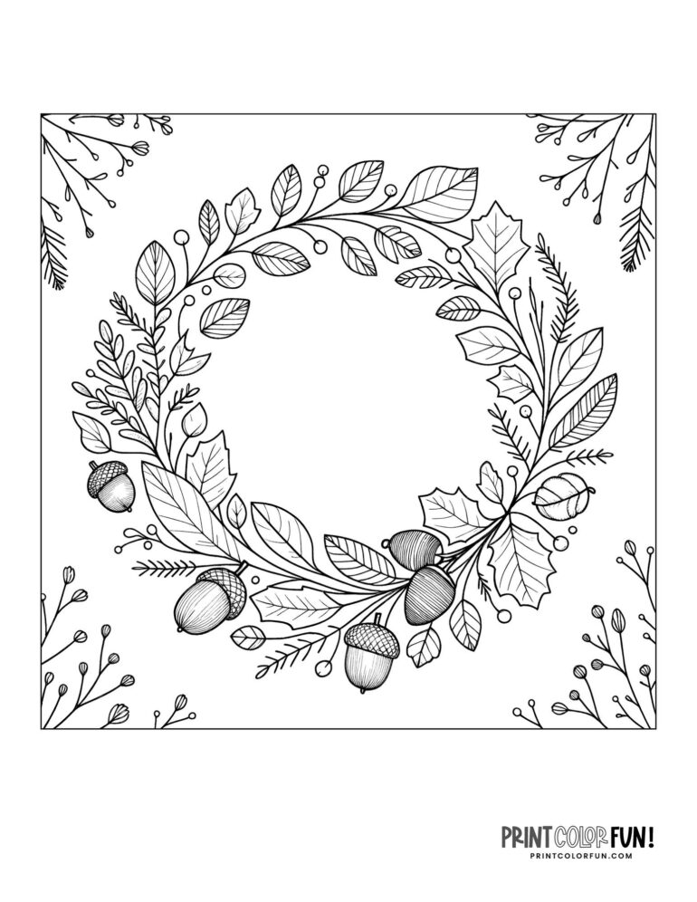 6 pretty fall wreath coloring pages for craft & learning fun, at ...