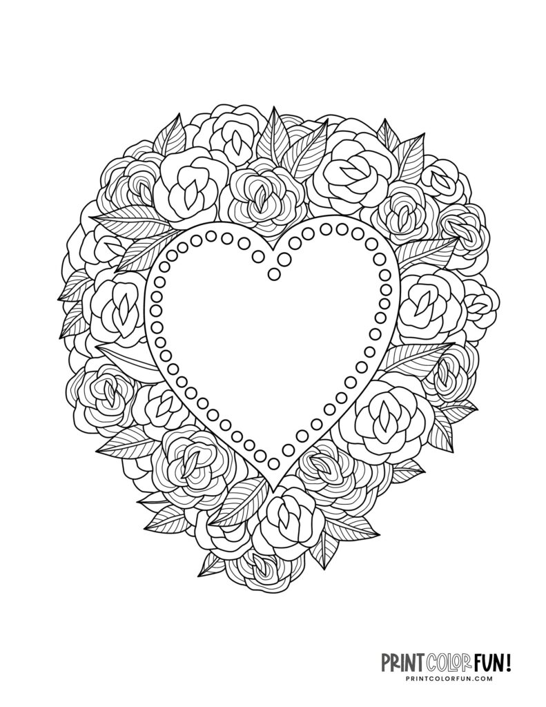 20 floral heart coloring pages, at PrintColorFun.com