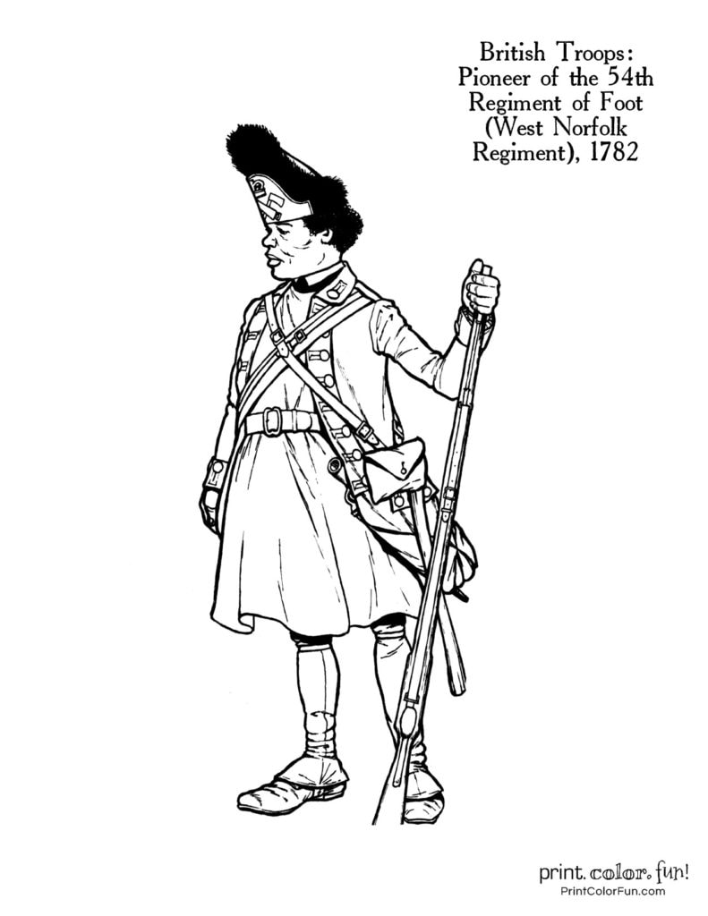 American Revolutionary War soldier coloring pages: 11 historic uniforms ...