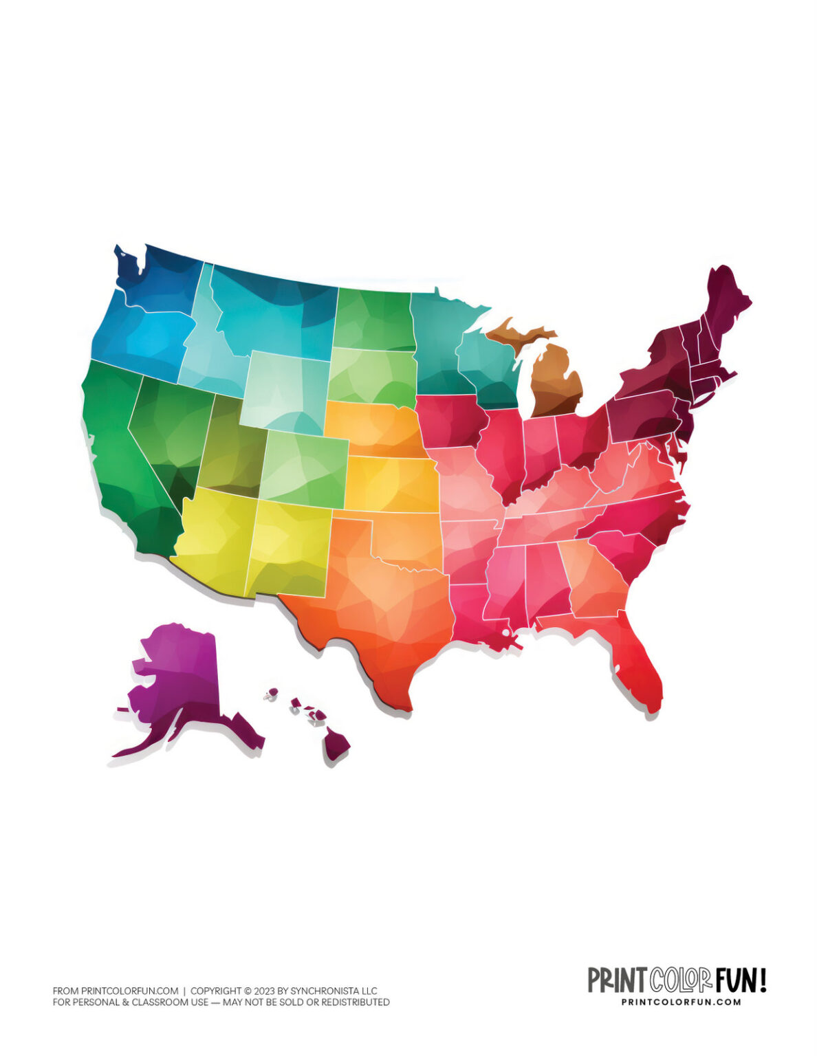US maps to print and color - includes state names, at PrintColorFun.com