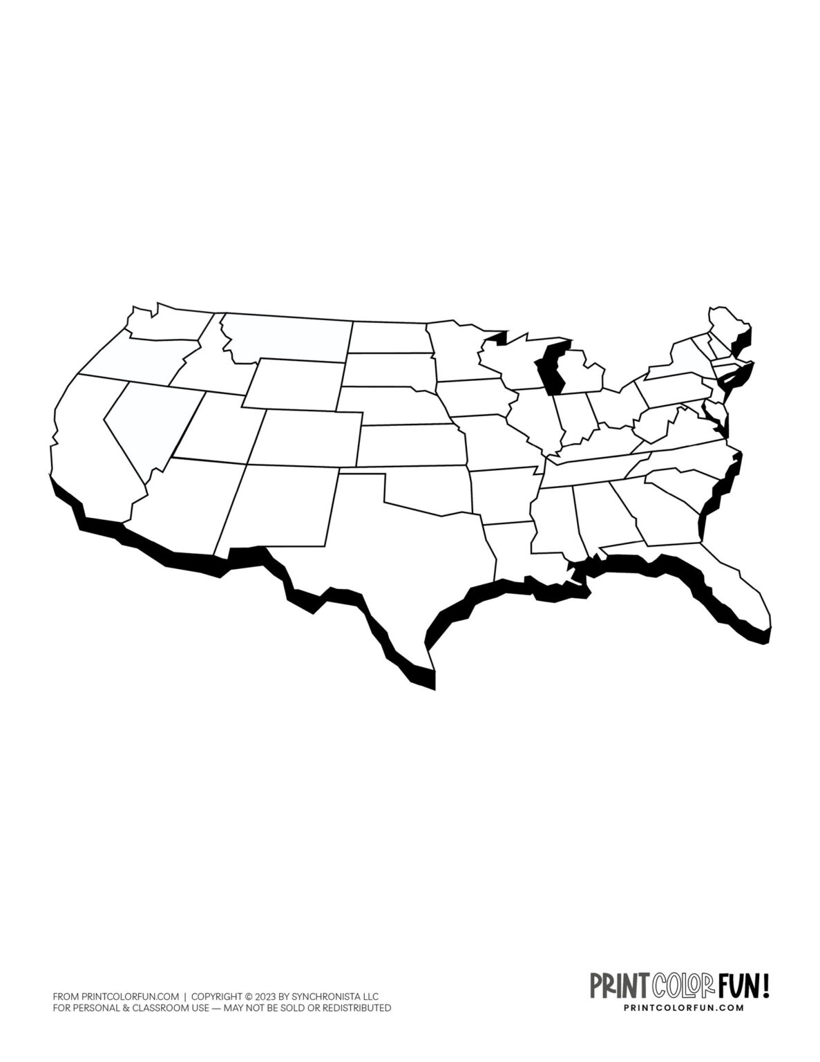 US maps to print and color - includes state names, at PrintColorFun.com