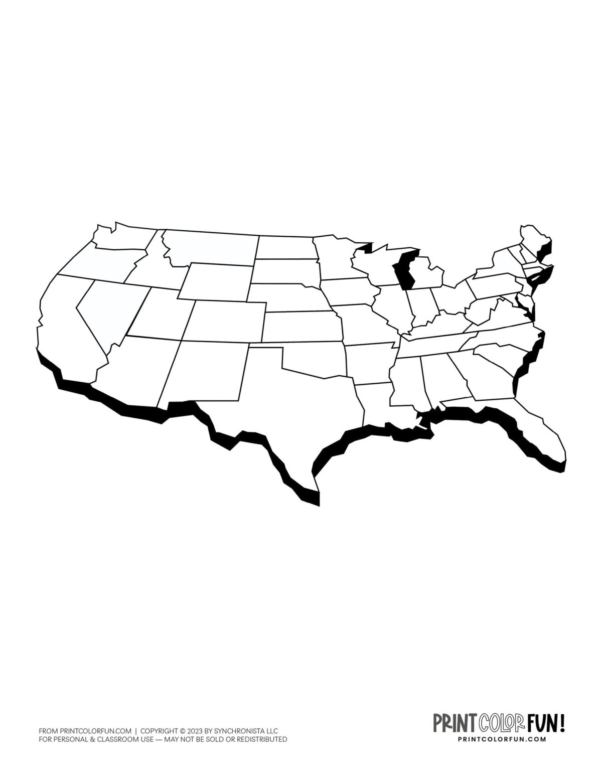 US maps to print and color - includes state names, at PrintColorFun.com