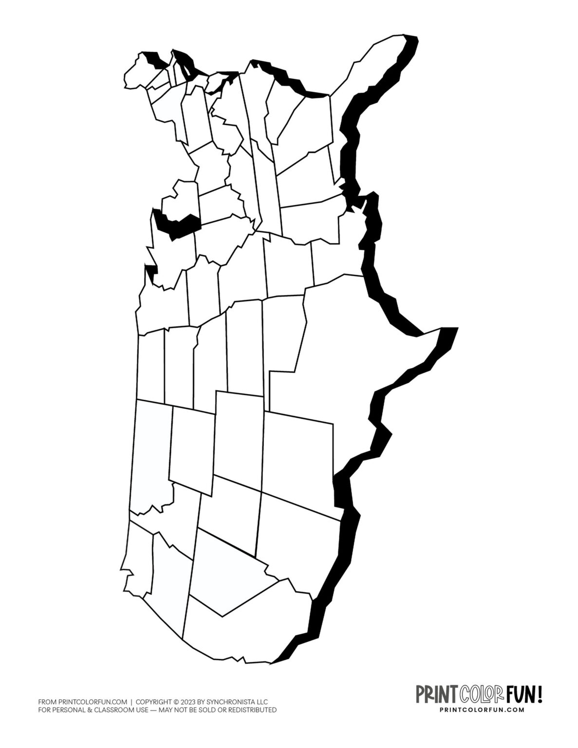 US maps to print and color - includes state names, at PrintColorFun.com