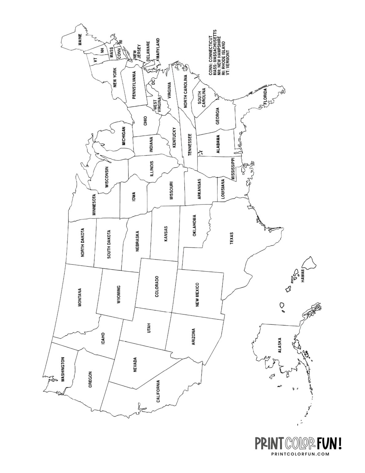 US maps to print and color - includes state names, at PrintColorFun.com