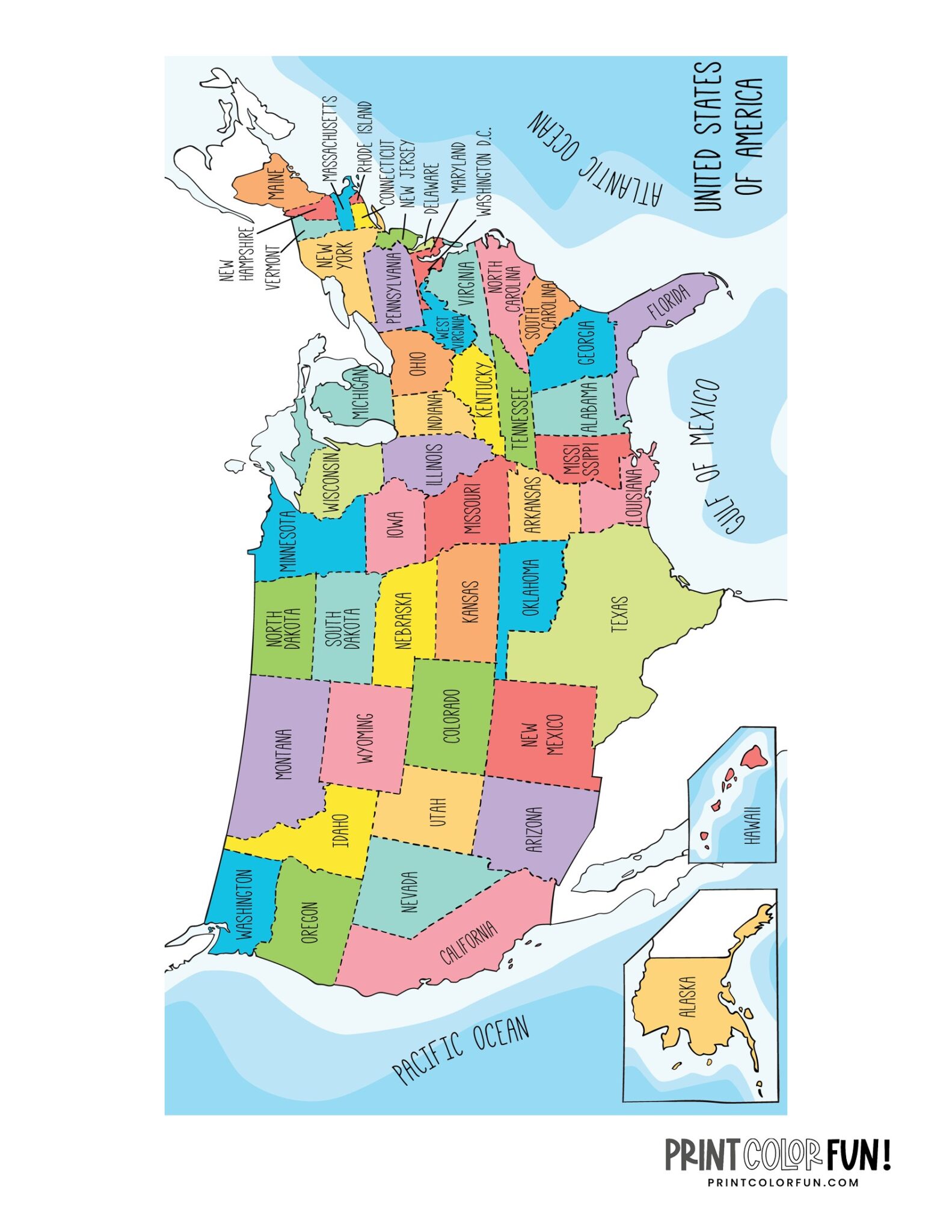 US maps to print and color - includes state names, at PrintColorFun.com
