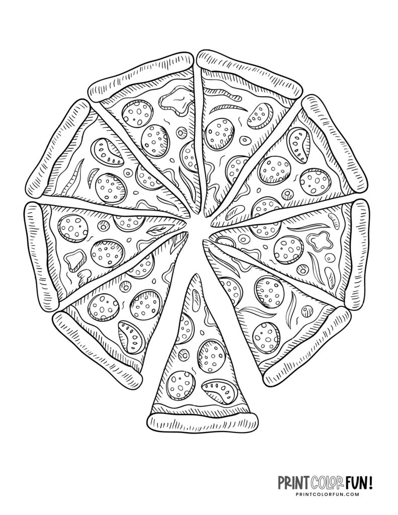 Pizza coloring pages: Slices & whole pizza pies, at PrintColorFun.com